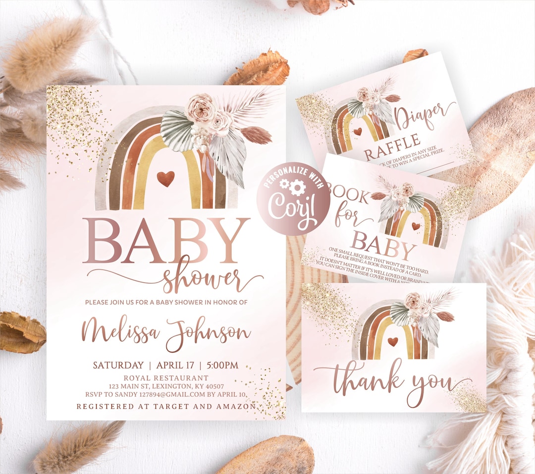 Editable Boho Baby Shower Invitation Set, Boho Baby Shower, Boho Rainbow Baby Shower Invitation ...