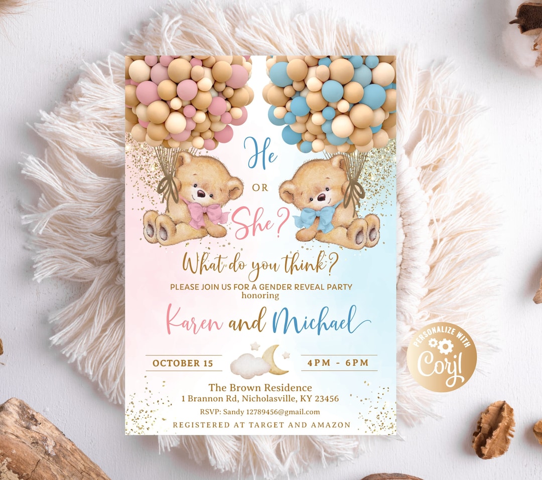 Bears Gender Reveal Invitation, Hot Air Balloon Gender Reveal Invite ...