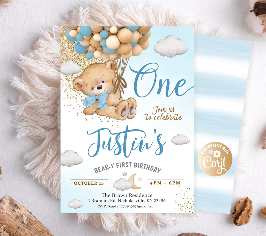 Bear Birthday Invitation, Beary First Birthday Party Invites, Boy Bear ...