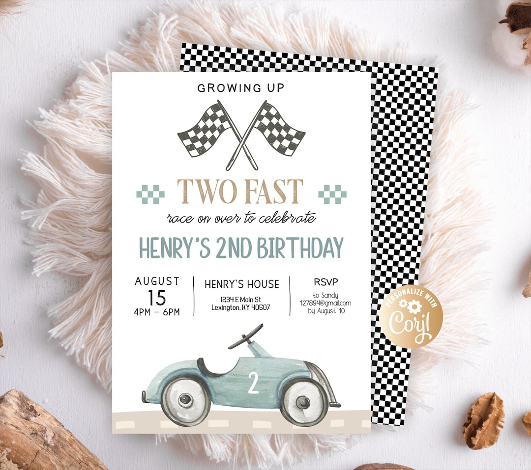 Editable Two Fast Birthday Invitation, Vintage Car, Vintage Race Car ...