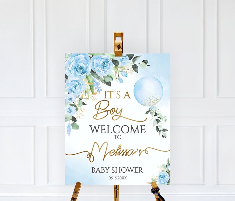 Editable It's a Boy Blue Roses Welcome Sign Greenery - Etsy