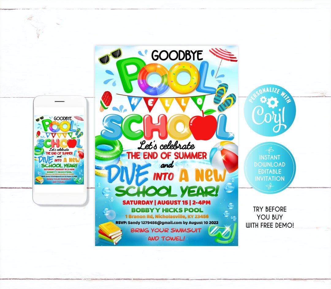 Goodbye Pool Hello School Invitation, EDITABLE End of Summer Pool Party ...