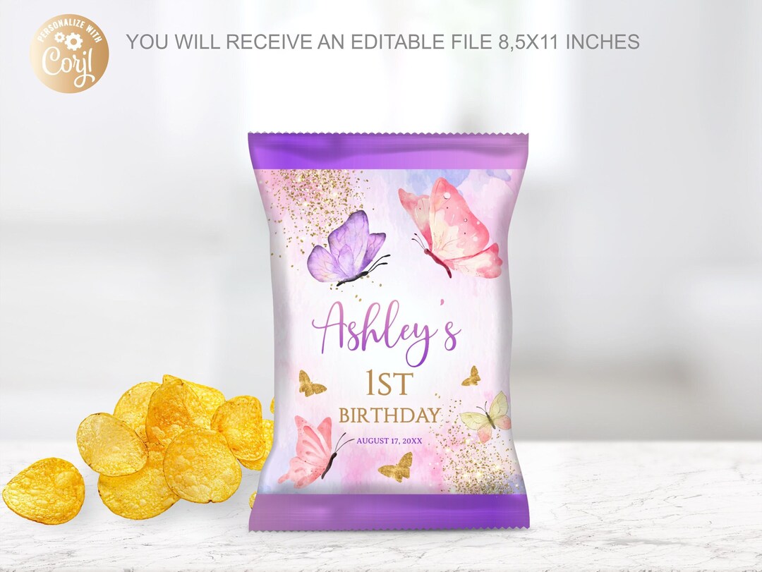 Editable Butterfly Birthday Chip Bags Watercolor Purple Pink,girl Pink ...