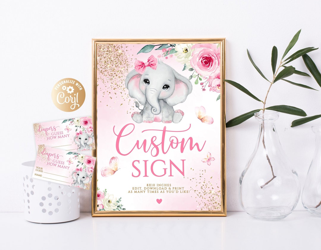 Elephant Girl Editable Custom Sign Hot Pink Flowers, Elephant Custom ...