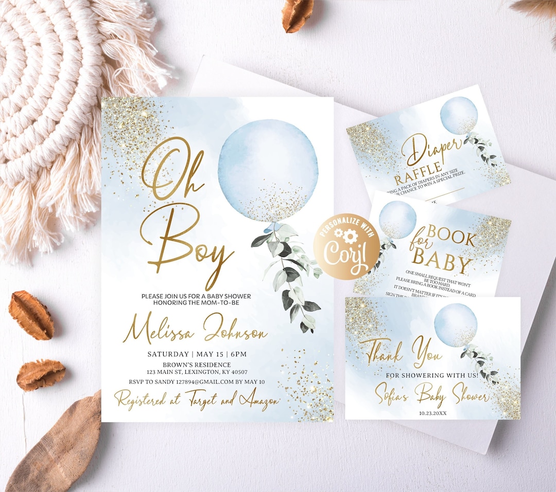 Editable Oh Boy Baby Shower Bundle Set Invitation, Boy Blue Balloon ...