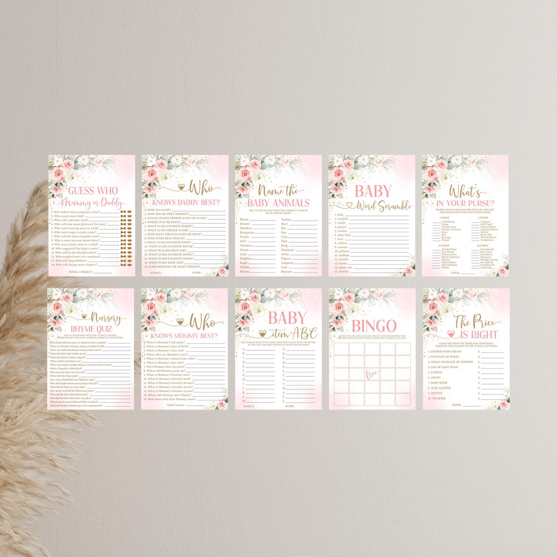 Editable Girl Baby Shower Games Package, Floral Blush Pink Rose ...