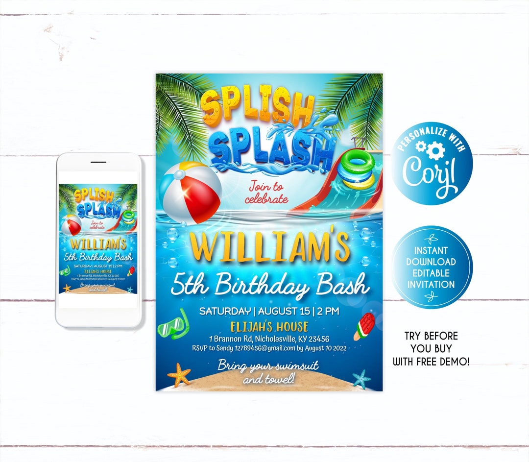 Splish Splash Invitation Boy, Pool Party Birthday Invitation, BLUE Waterslide Bash Birthday ...