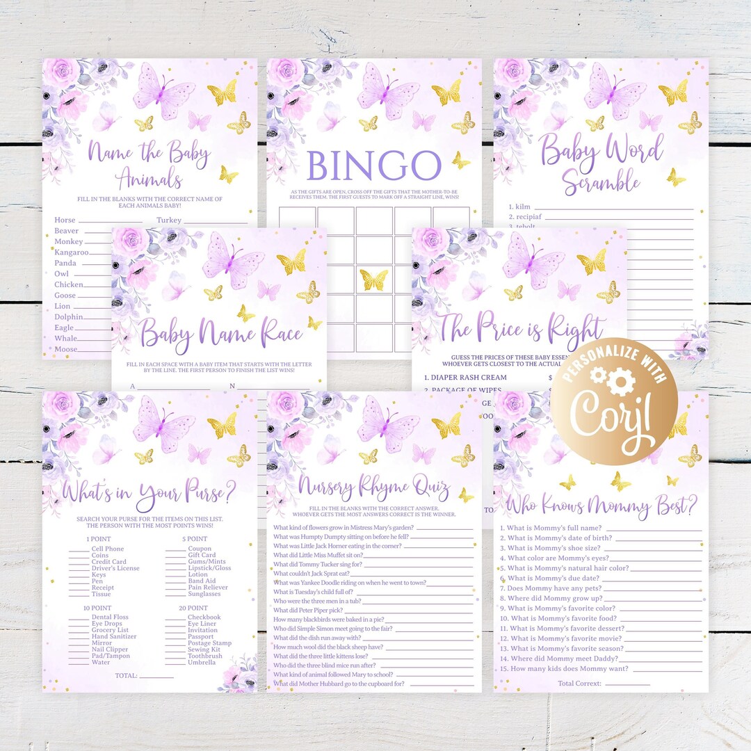 Butterfly Baby Shower Game Package Purple Pink,gold 8 Printable Pink ...