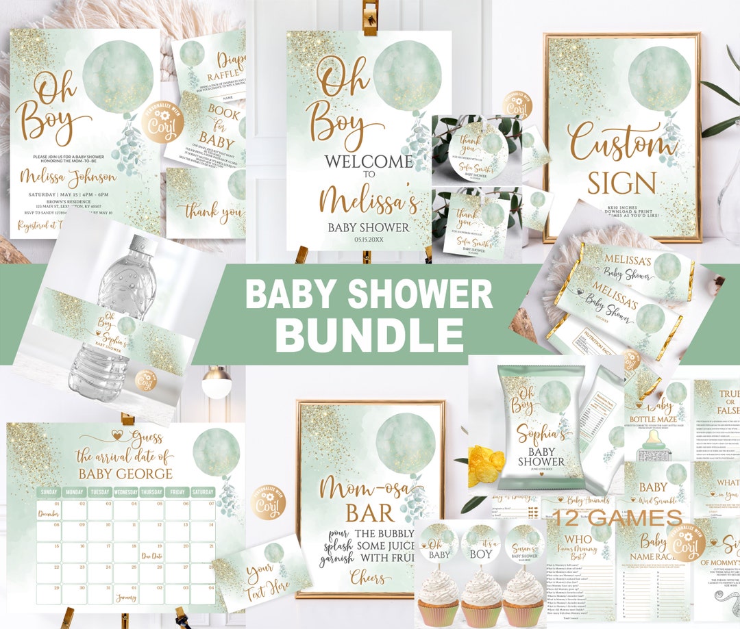 Editable Oh Boy Sage Green Gold Balloon Baby Shower Bundle Greenery ...