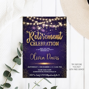 Retirement Party Invitation Purple, Purple Invitation Gold Sparkle ...