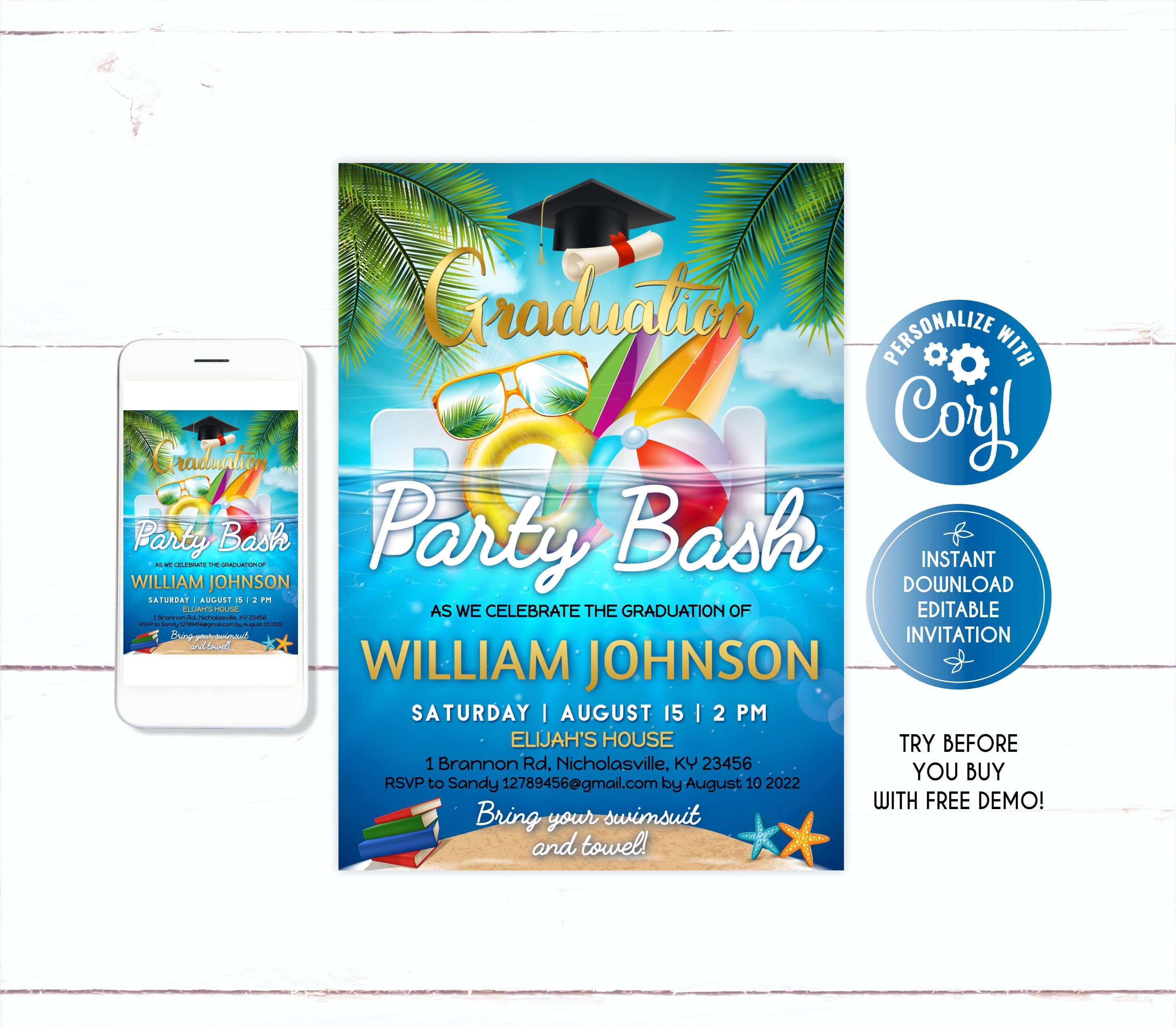 Graduation Pool Party Invitation, Graduation Pool Party Bash ...