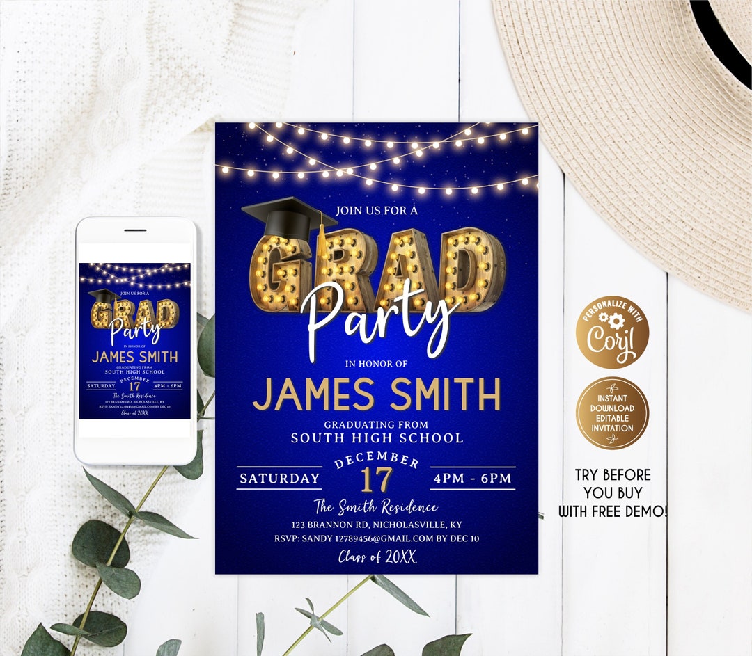 Grad Party Royal Blue Invitation, Graduation Party Blue, Navy Blue ...
