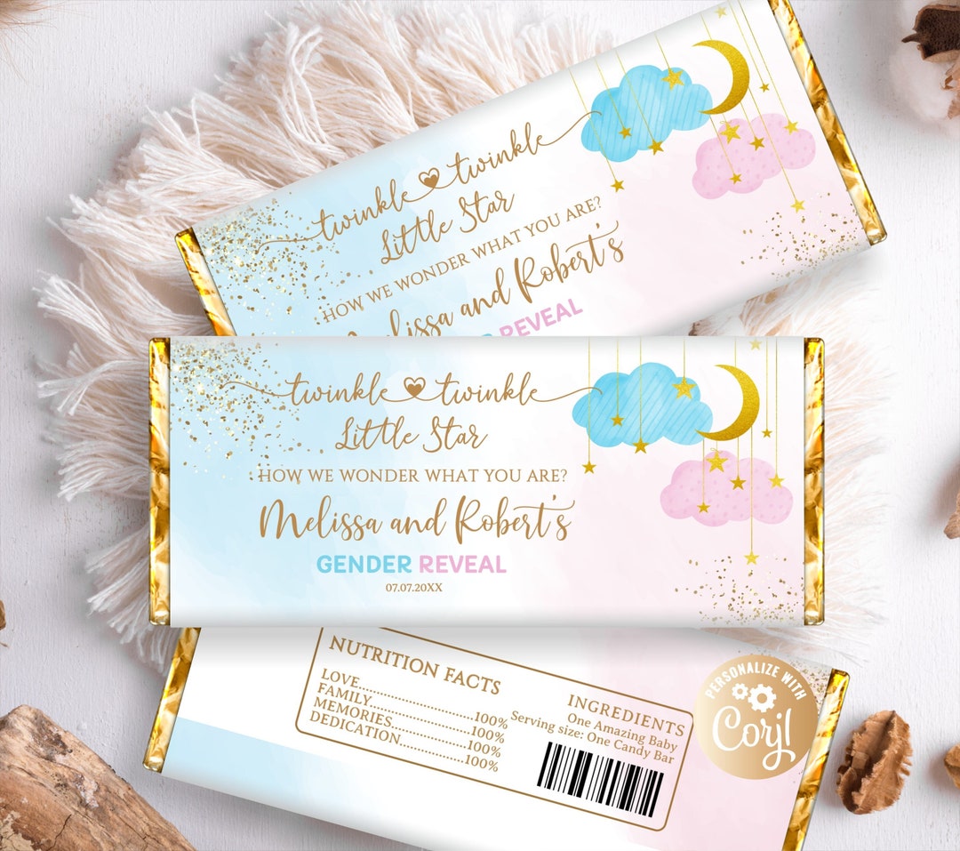 Editable Twinkle Twinkle Little Star Gender Reveal Chocolate Wrapper, He or She Candy Boy or ...