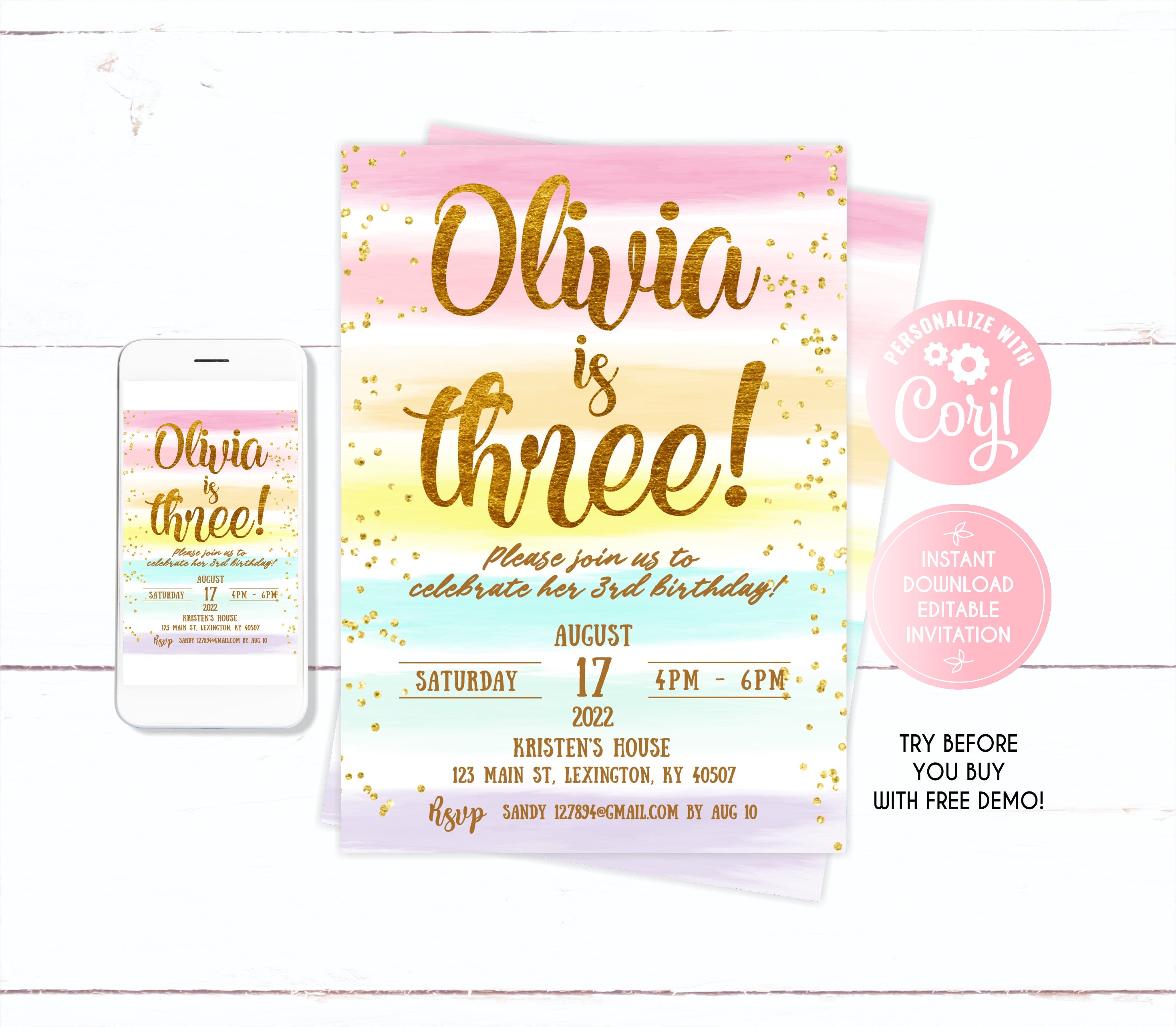 3rd Birthday Invitation, Rainbow, Girl’s Third Birthday Party ...