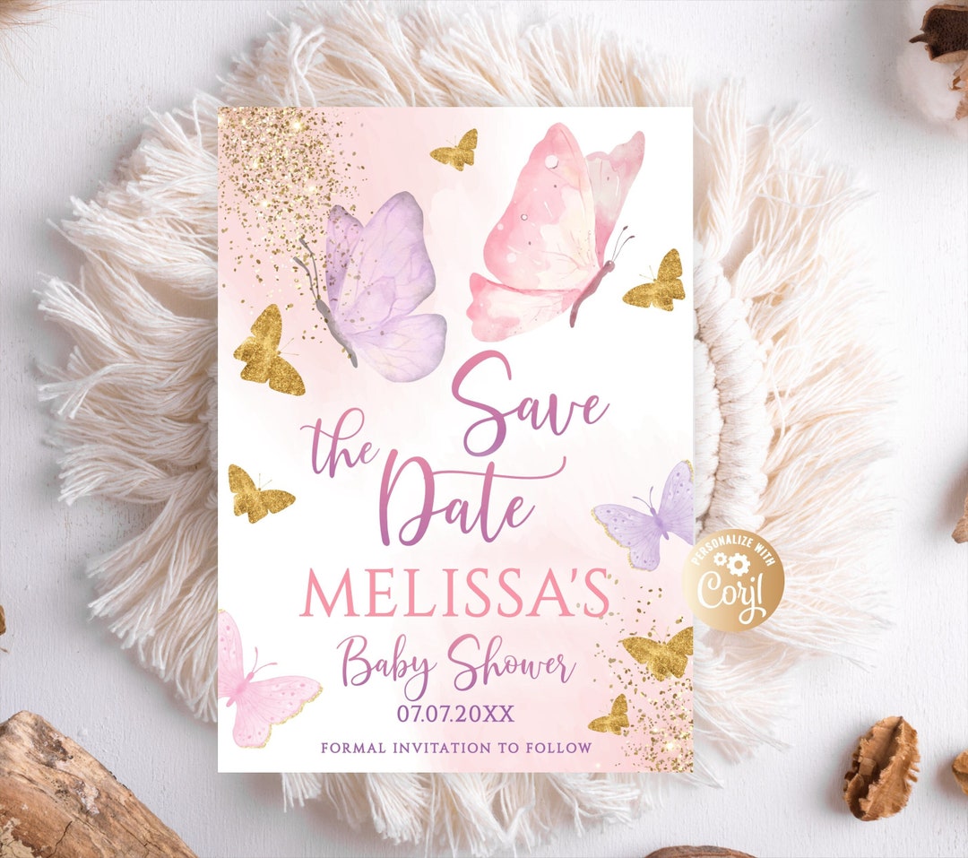 Editable Butterfly Baby Shower Save the Date Invitation, Girl Pink Gold ...