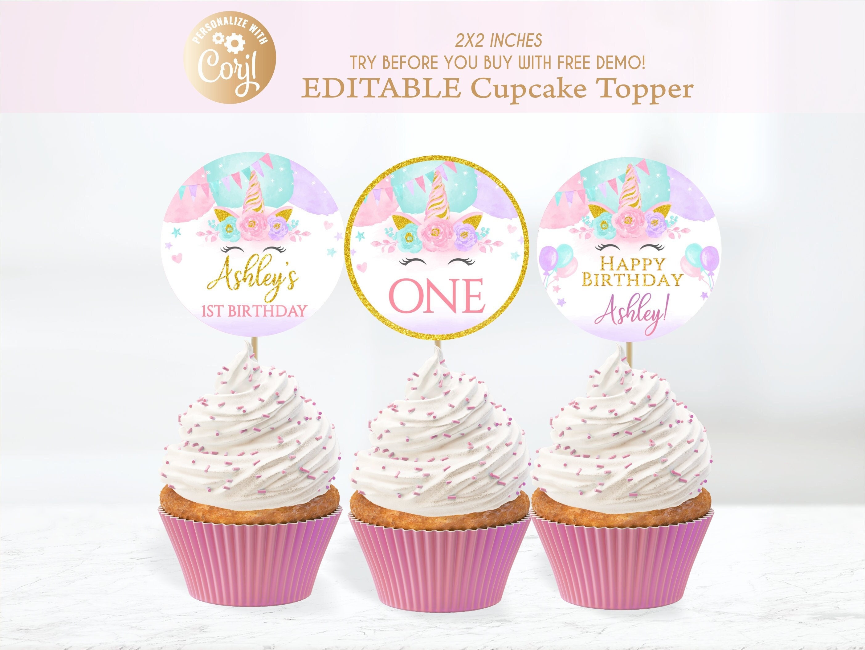 Editable Cupcake Unicorn Print One Birthday Circle , Birthday Printable ...