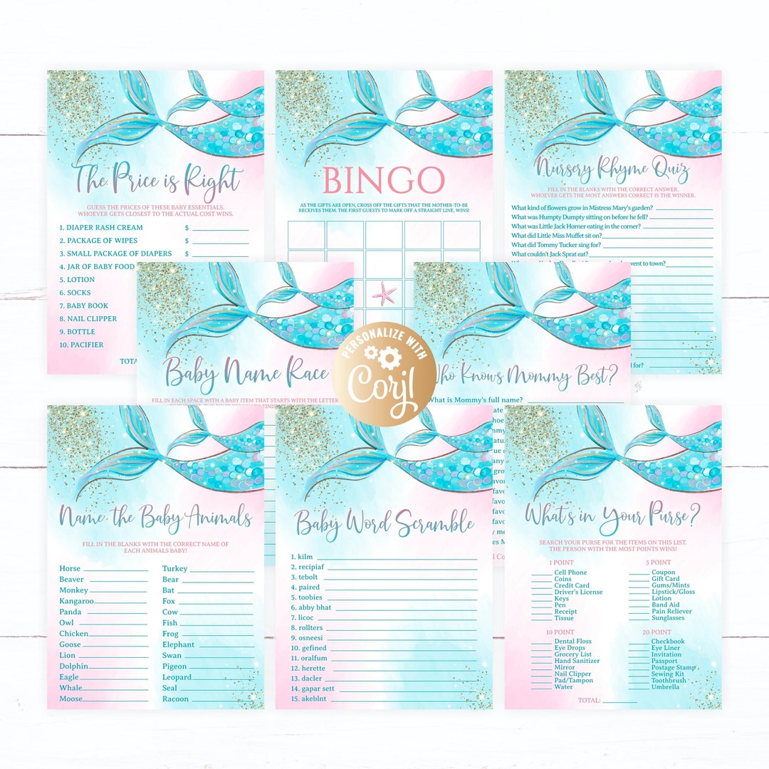 Mermaid Baby Shower Game Package, 8 Printable Turquoise Mermaid Baby ...