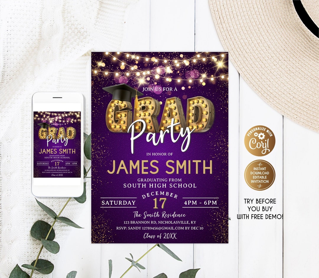 Grad Party Royal Purple Invitation, Graduation Party Purple, Purple ...