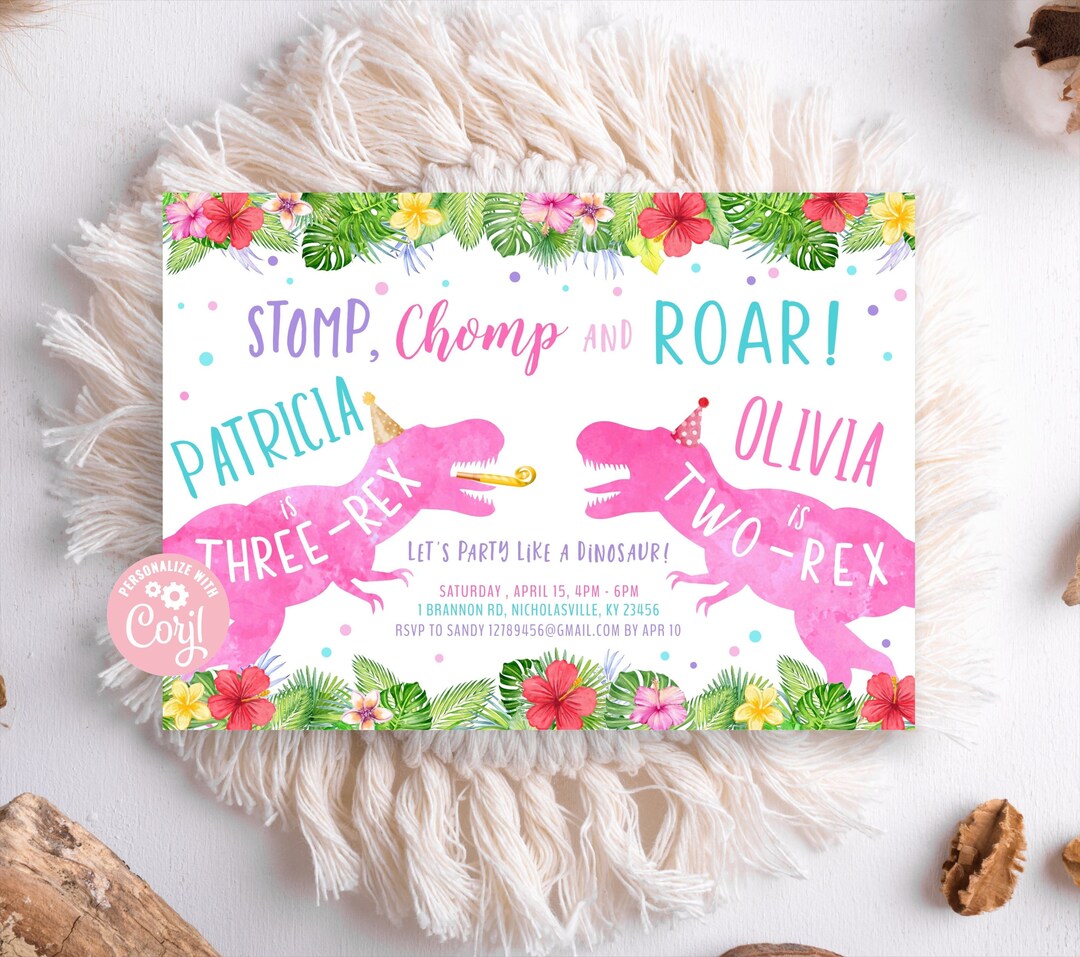 Dinosaur Double Birthday Girls Invitation, 2 Girls Pink Dinosaur Three ...