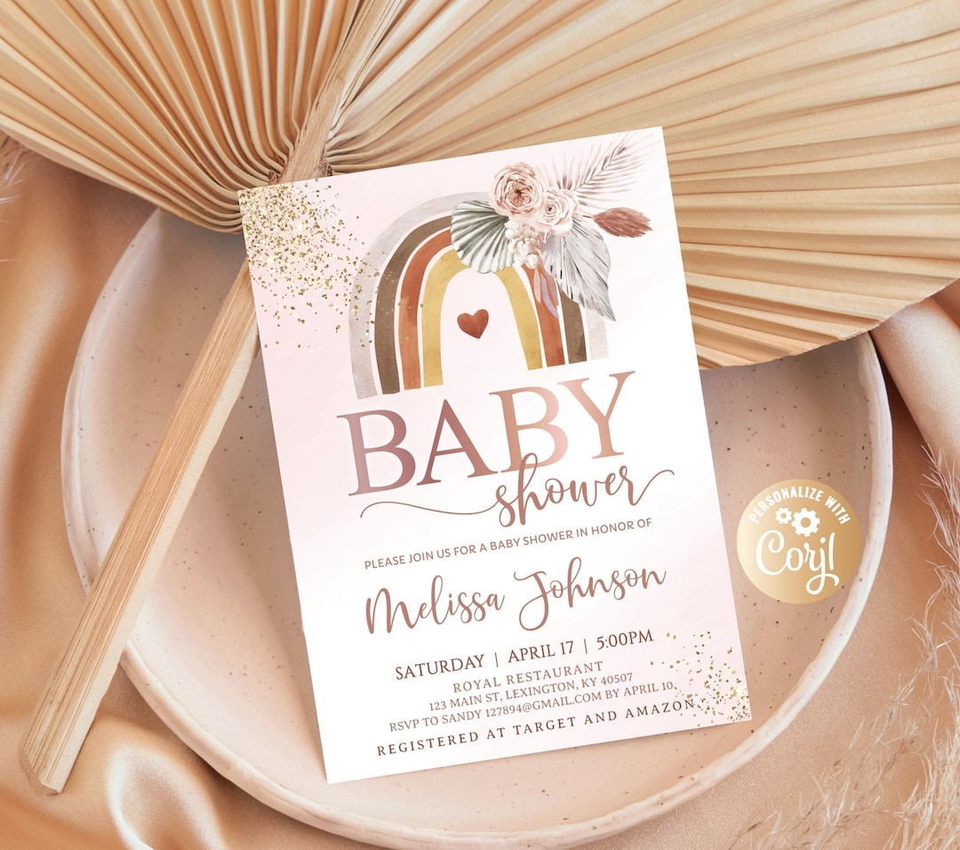 Editable Boho Baby Shower Invitation, Bohemian Baby Shower Glitter Gold ...