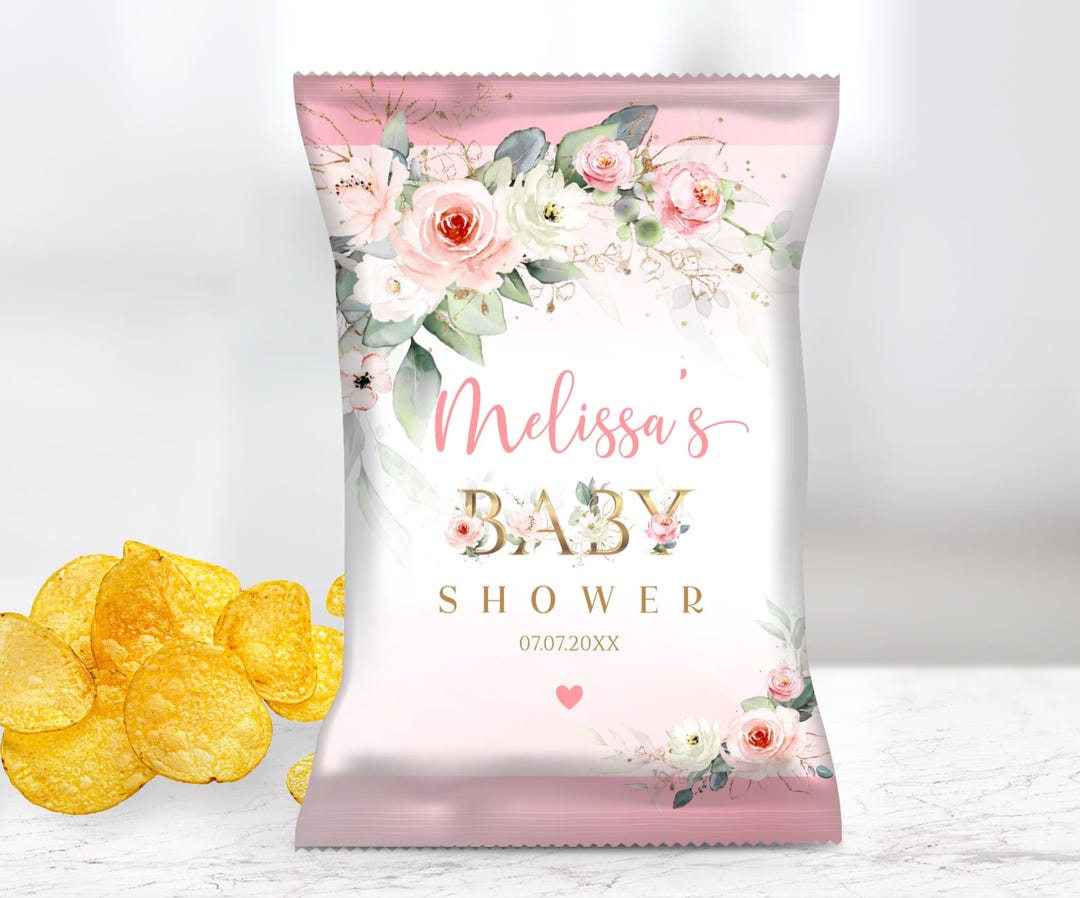Editable Girl Blush Rose Pink Chip Bag Wrapper, Roses Floral Blush Chip ...