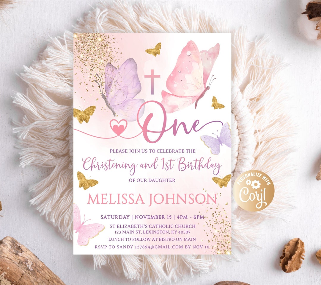 Butterfly Christening and 1st Birthday Invitation, Butterfly Baby Girl ...