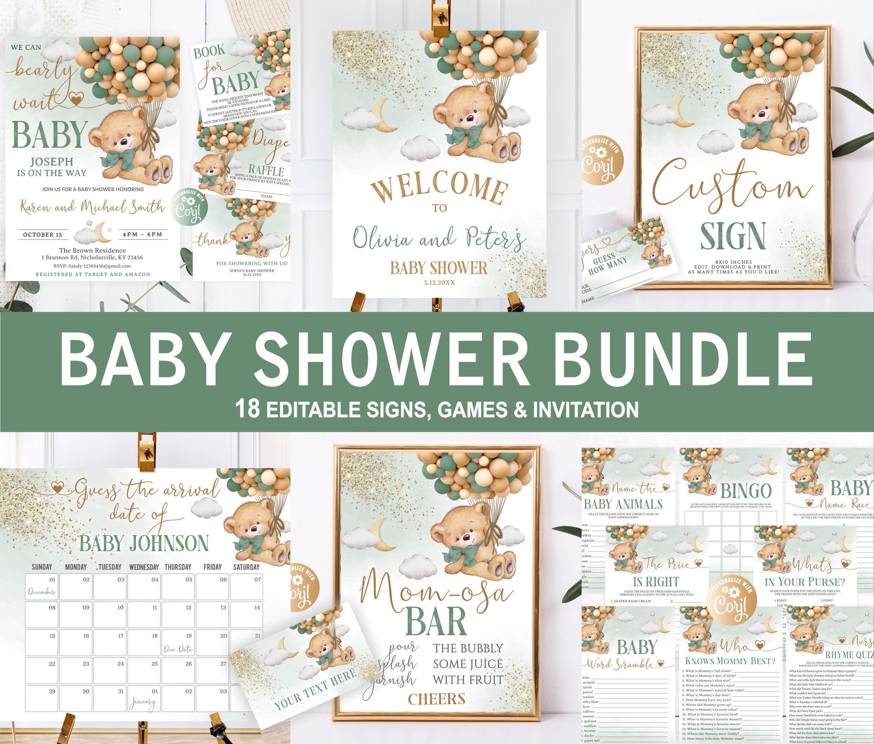 Editable Bear Baby Shower Bundle, Baby Shower Bundle Boy, Bear Baby ...