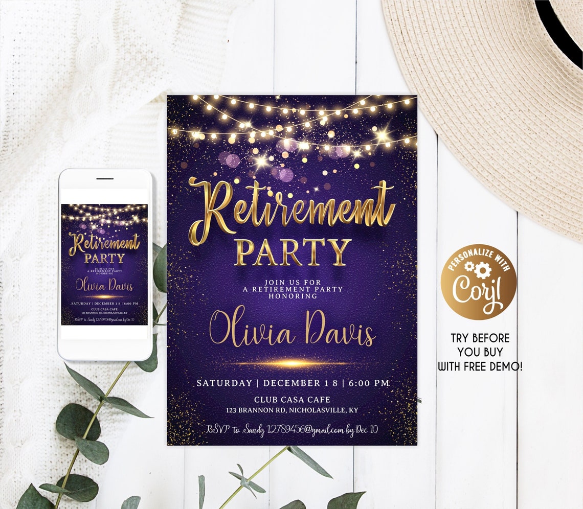 Retirement Party Invitation Purple Purple Invitation Gold - Etsy
