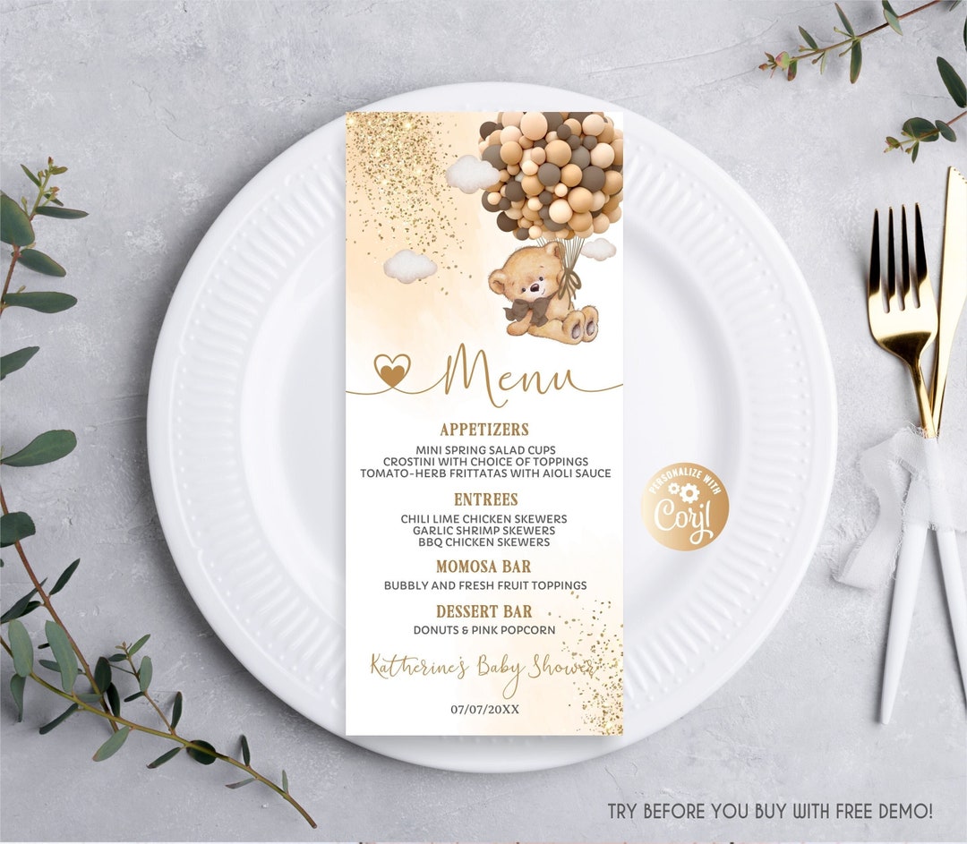 Editable Bear Dinner Menu Card, Bearly Wait Boy Brown and Cream Bear ...