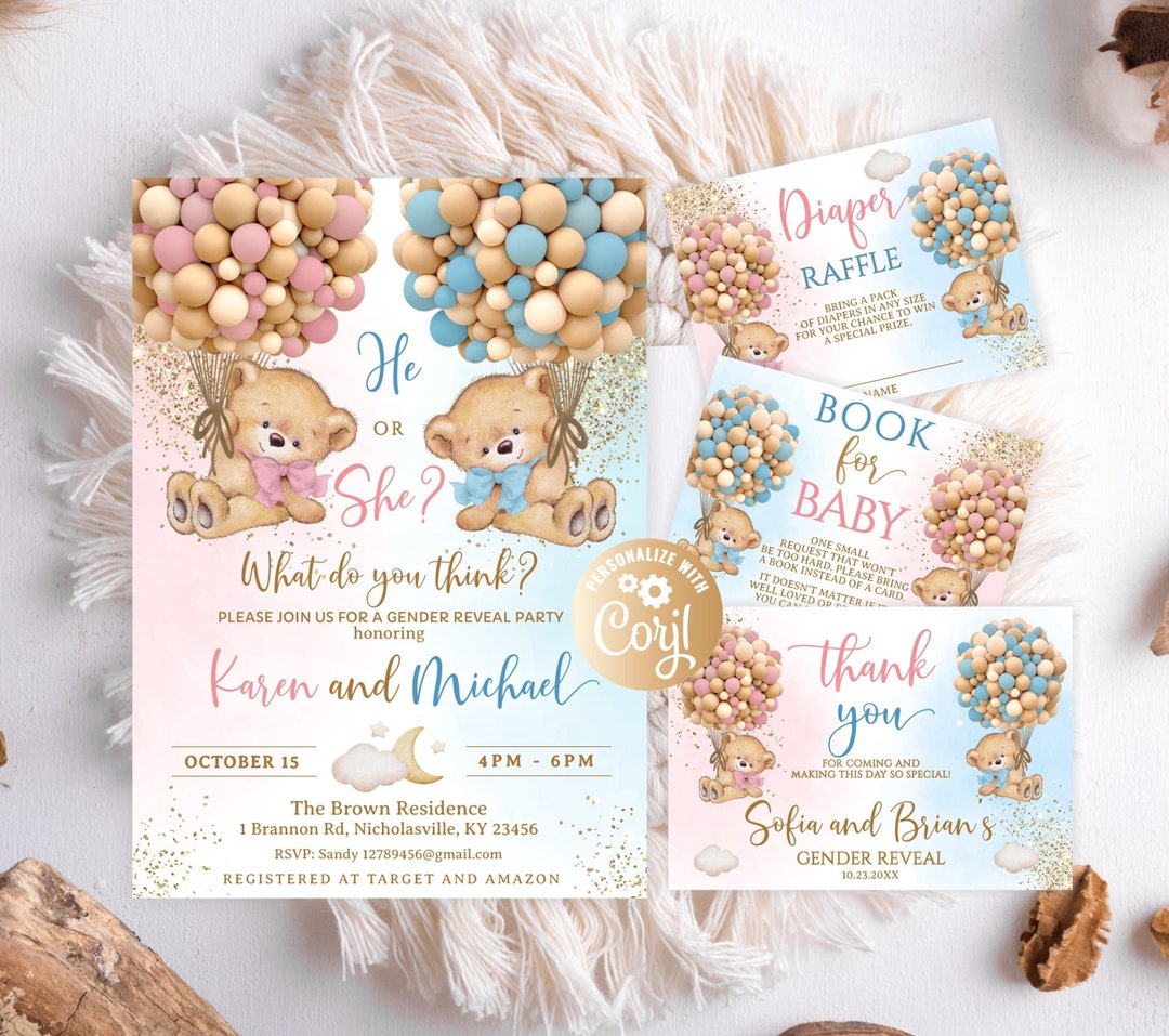Bears Gender Reveal Baby Shower Set Invitation, Hot Air Balloon Gender ...