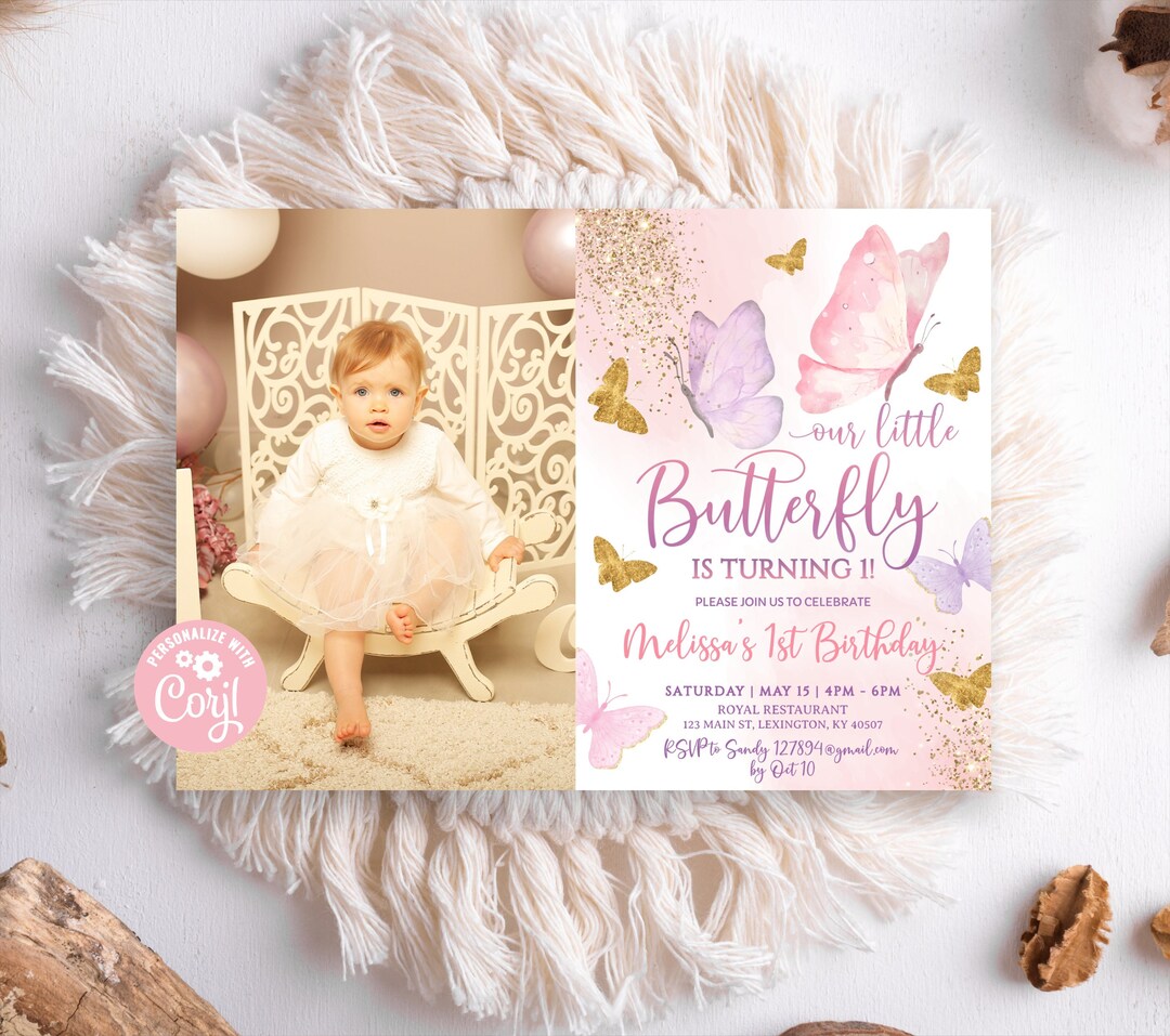 EDITABLE Butterfly Birthday Invitation for Girl With Photo, Butterfly ...