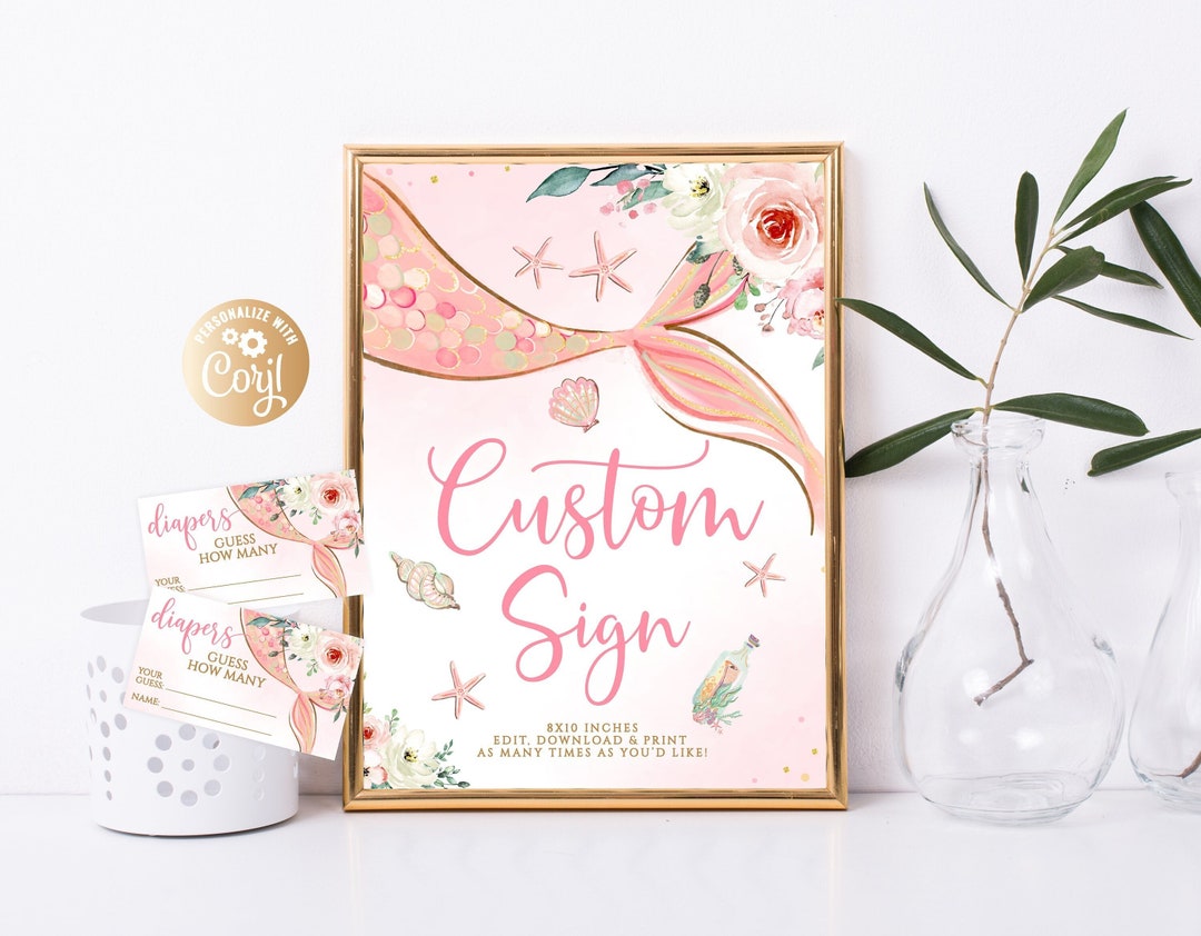 Mermaid Editable Custom Sign Watercolor Pink White Rose, Gold Pink ...