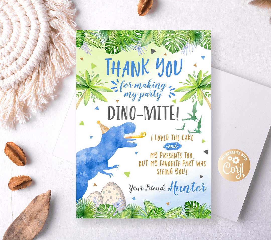 Editable Dinosaur Thank You Card Boy, Blue, Dino Birthday Thank You ...