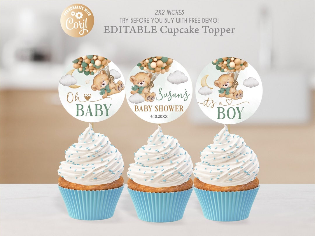 Editable Cupcake Bear Print Baby Shower Circle , Bear Balloons Cupcake ...