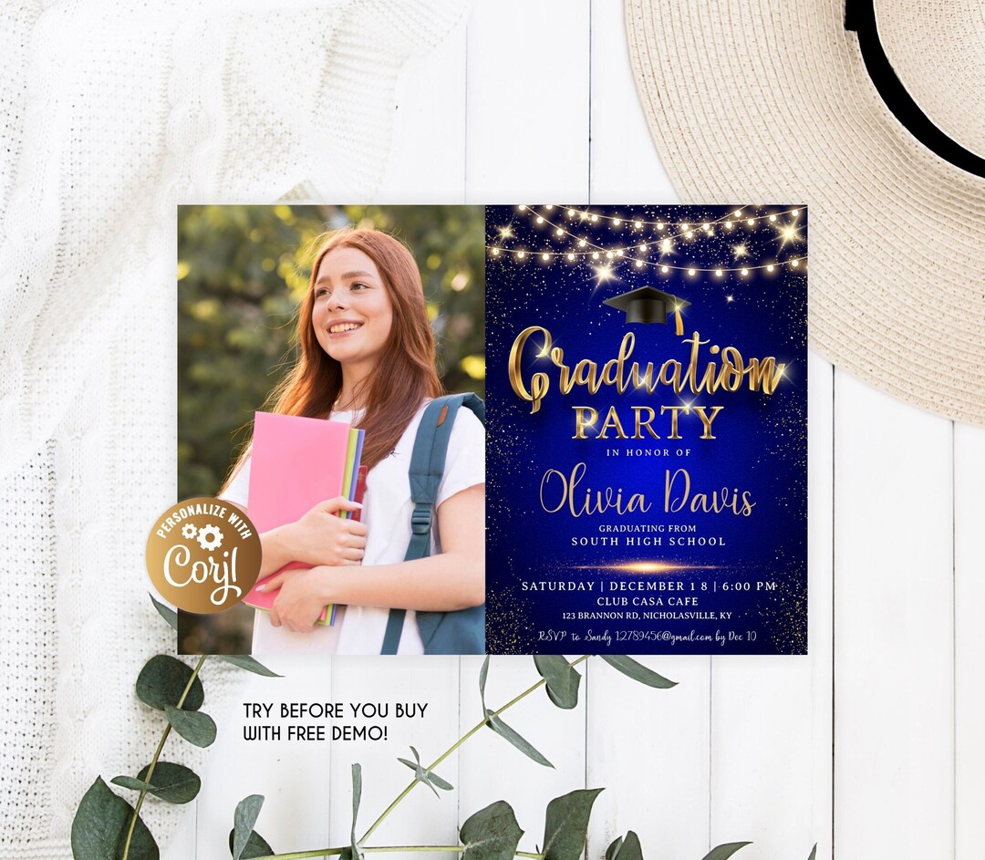 Graduation Party Invitation With Photo With Picture Royal Blue ...