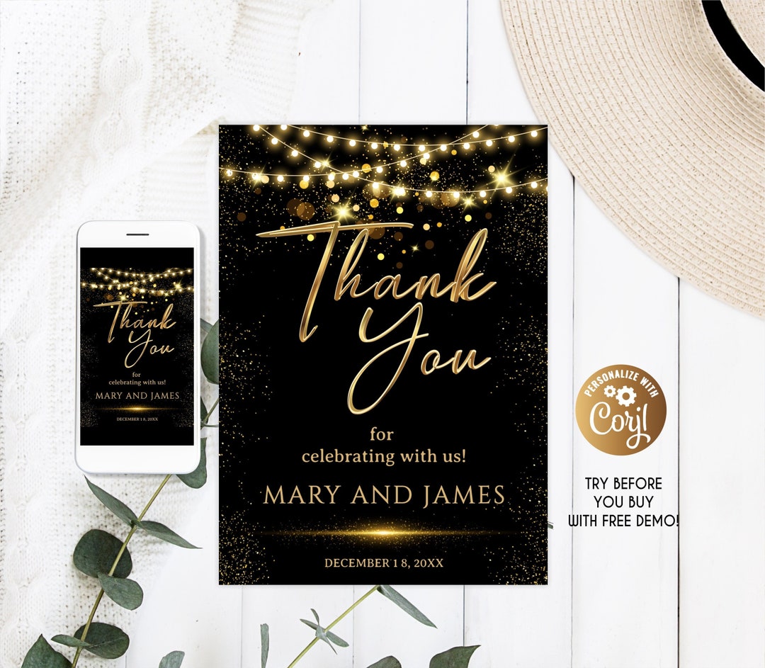 Thank You Card Template, Thank You Note, Thank You Card, Gold Thank You ...