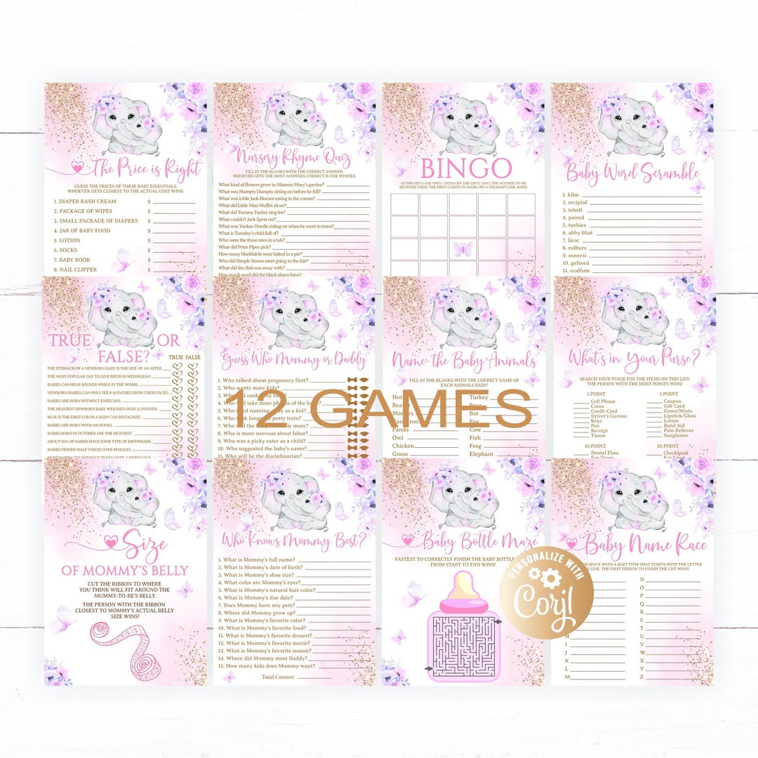 Elephant Baby Shower Games Package, Roses Purple Pink Baby Elephant ...