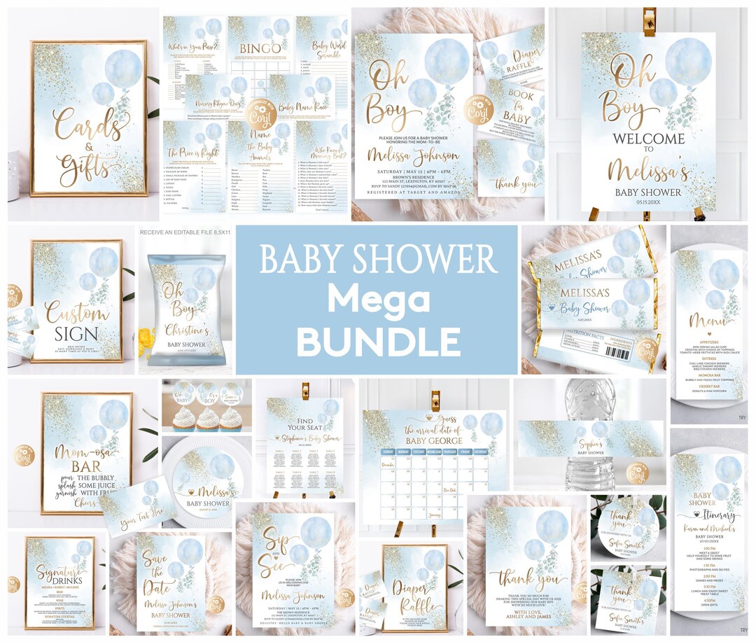 Editable Oh Boy Blue Baby Shower Mega Bundle, Baby Shower Bundle Boy ...