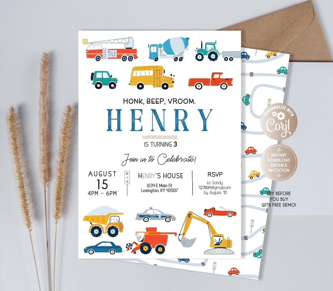 Transportation Birthday Invitation, Truck Birthday Invitation, Cars ...