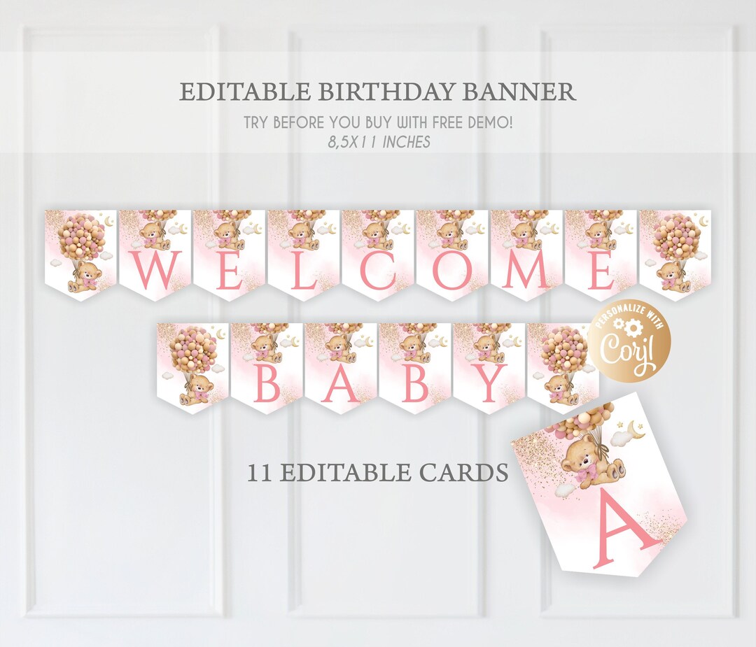 Editable Welcome Baby Banner Bear Pink, Girl Bear With Balloons for ...