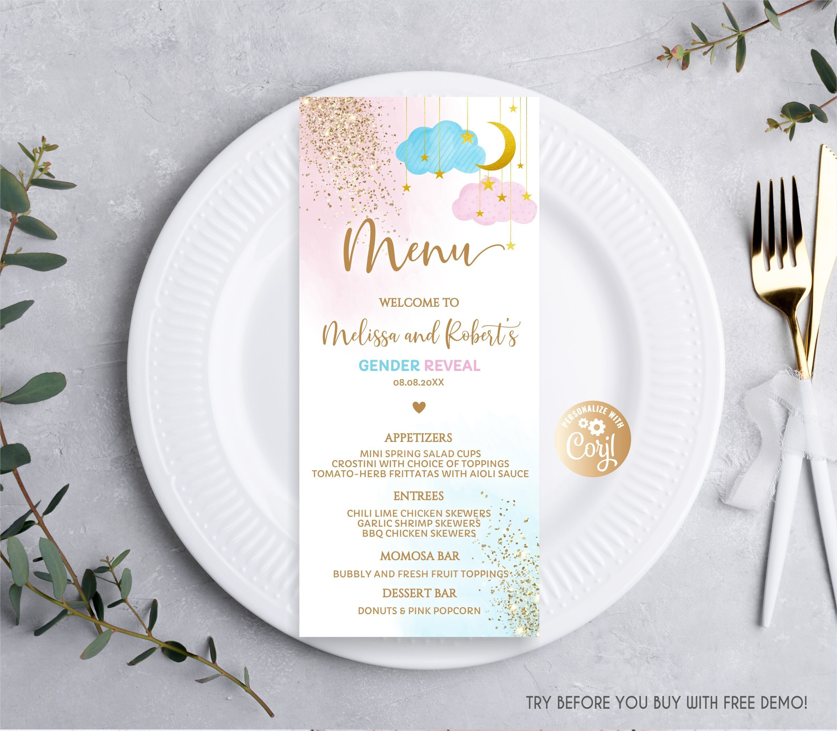 Editable Twinkle Twinkle Little Star Gender Reveal Dinner Menu Card, He ...