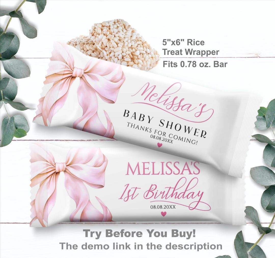 Editable Pink Bow Birthday Crispy Rice Treat Template Wrapper Printable ...