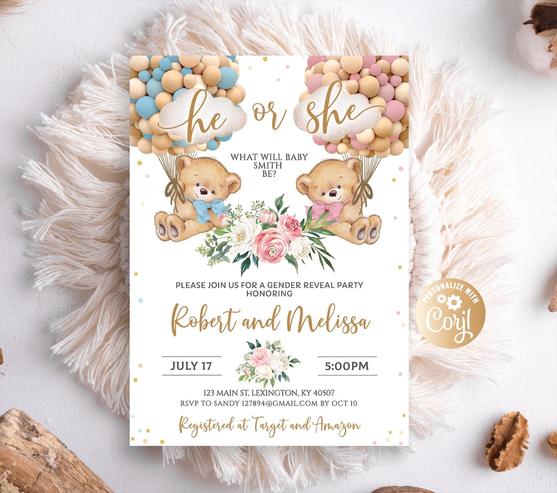 Bears Gender Reveal Invitation Hot Air Balloon Gender Reveal - Etsy