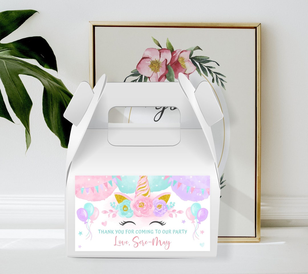 Editable Unicorn Box Label, Printable Unicorn Pink Gold Favors Gift Box ...