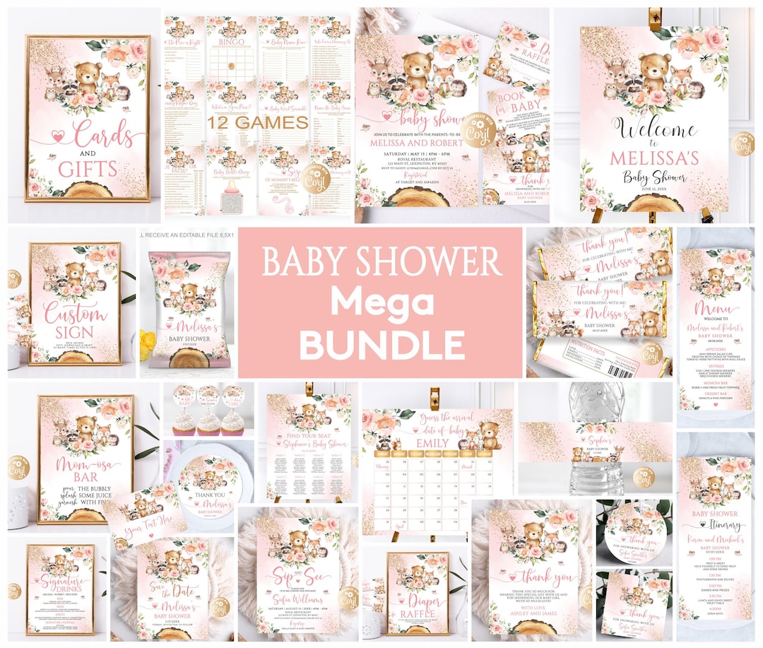 Editable Woodland Girl Pink Baby Shower Mega Bundle, Woodland Glitter ...