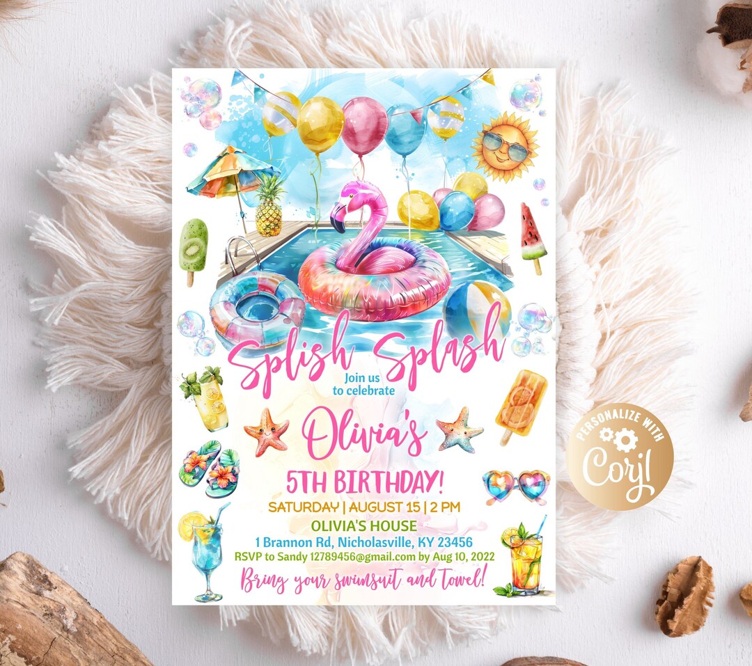 Splish Splash Invitation Girl, Pool Party Birthday Invitation, Pool ...