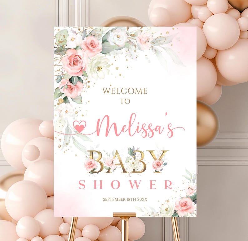 Editable Pink Rose Baby Shower Welcome Sign Gold, Roses Floral Blush ...