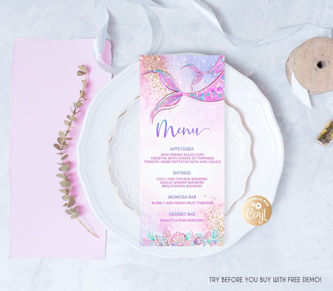 Editable Mermaid Purple Watercolor Dinner Menu Card, Mermaid Reception ...