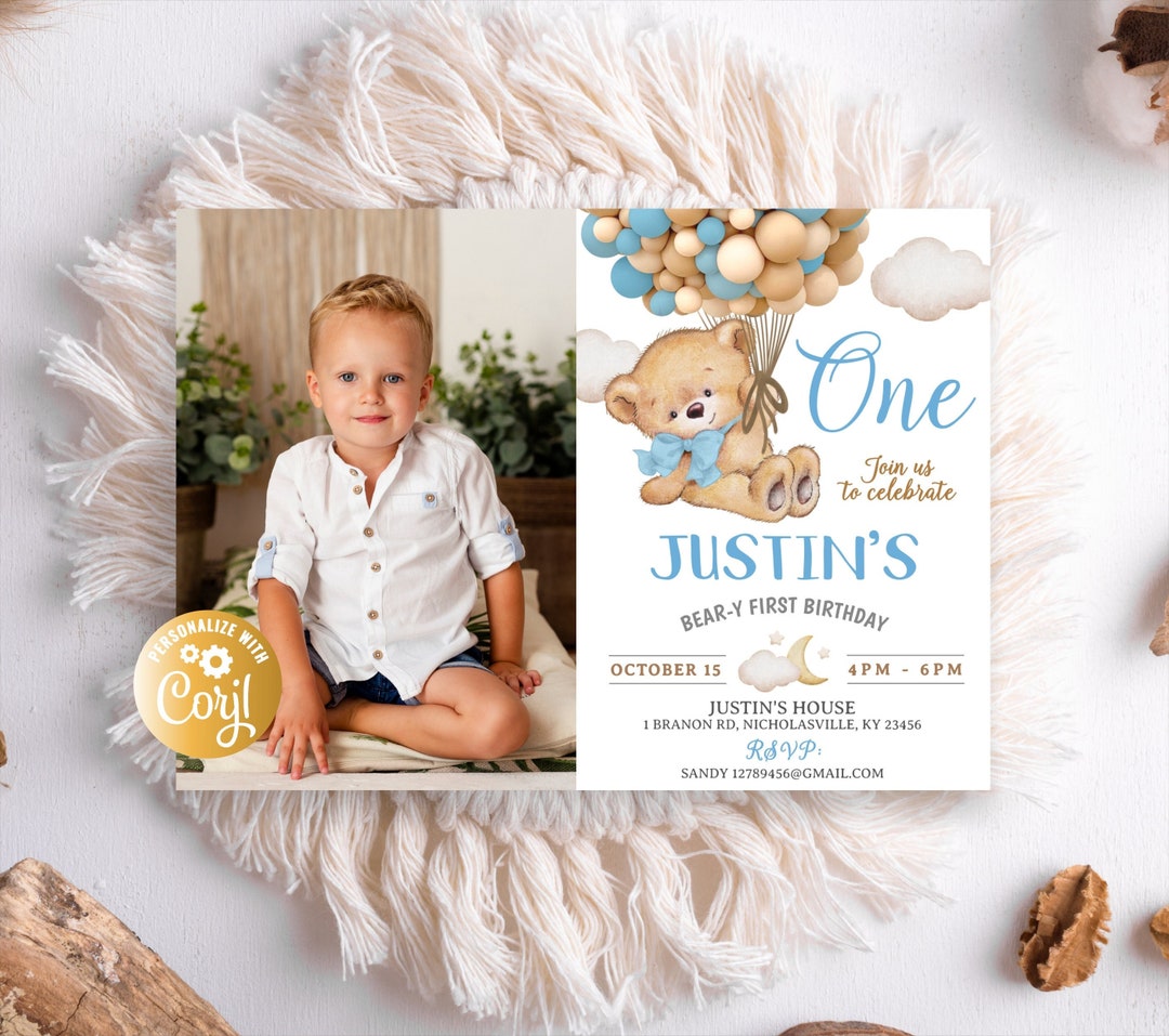 Bear Blue Birthday With Photo Invitation Bear-y First Birthday With a ...