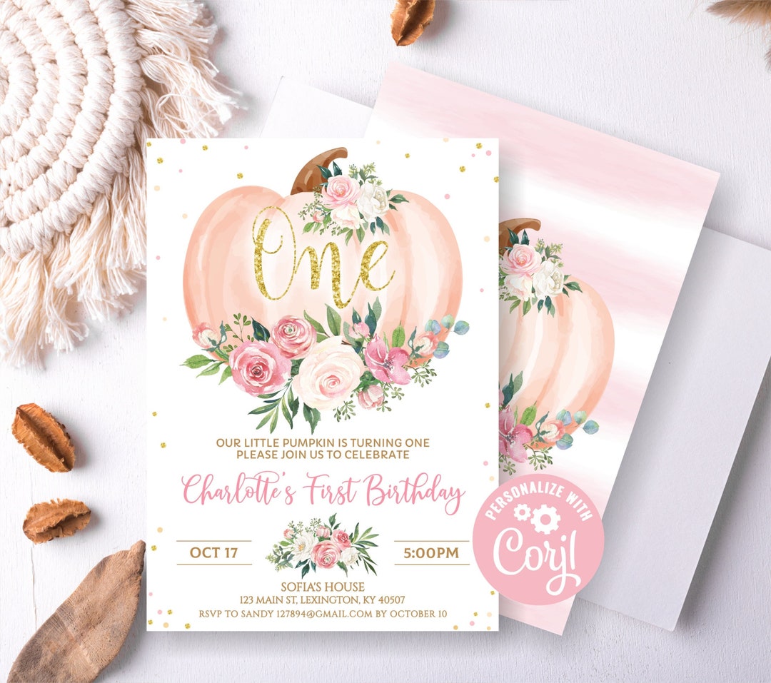 Pumpkin Birthday Invitation Girl, Watercolor Pumpkin Invitation, Roses ...